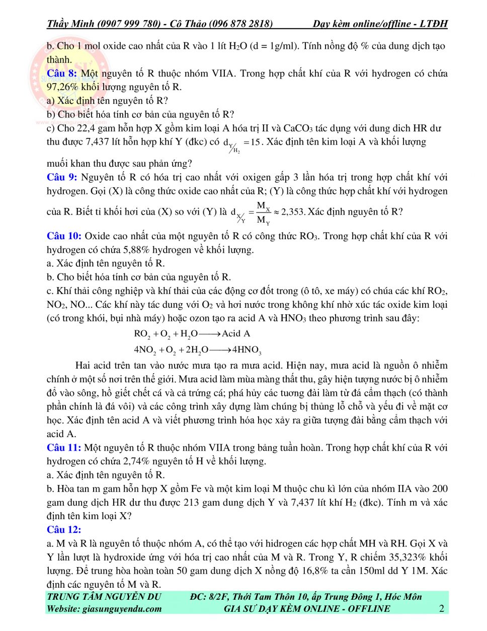 ÔN THI HỌC KỲ 1 HÓA 10 NÂNG CAO 22_23. File Word+PDF